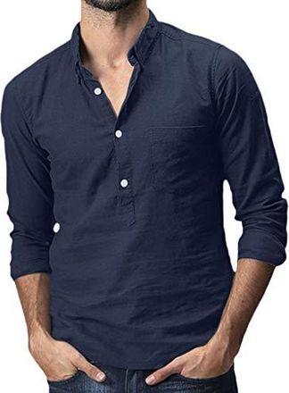 Generic Chemise en coton et lin pour homme - Hauts de sport 2026 - Col en lin - T-shirts solides avec poche ample et manches longues rabattables - Tunique pou