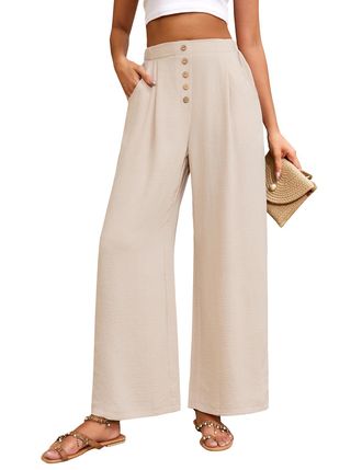 Heekpek TOMEEK Hose Damen Sommer Hight Waist Leichte Sommerhose Weites Bein Freizeithose Bequeme Elegante Lockere Gerade Damen Hosen mit Taschen Knopfleiste(W