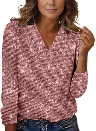 Generic Hauts &agrave; paillettes pour femme - Hauts scintillants confortables et doux - T-shirt d&eacute;contract&eacute; &agrave; manches longues - Haut &agrave; paillettes &eacute;l&eacute;gant - T-shirt 