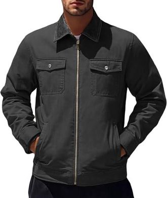 Generic Veste pour homme avec poches poitrine - Veste cargo avec fermeture &eacute;clair - En coton - Couleur unie - Avec col rabattu - Confortable - Coupe-vent - Ve