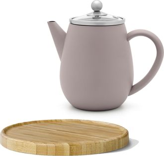 Bredemeijer Doppelwandige Mini Teekanne 0.5 Liter - beton-graue isolierende Edelstahl Kanne Set mit braunem Holzuntersetzer & Tee-Filter-Sieb-Einsatz - für lose T