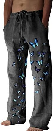 Generic Pantalon en coton et lin pour homme, imprim&eacute; papillon, pantalon de plage tendance, d&eacute;contract&eacute;, grande taille et l&eacute;ger, pantalon doux et respirant, pa