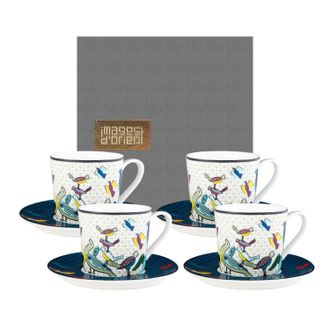 Images d'Orient Birds of Paradise 4-er Kaffee-Tassen-Set bunt mit Untertassen, Ø 8 cm, 7.5 cm hoch, 210 ml, Porzellan, orientalisches Design, inkl. Geschenk-Box