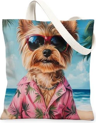 Generic Sac fourre-tout en toile motif Beach Yorkies pour faire du shopping, 33 x 38,1 cm, sac &agrave; bandouli&egrave;re r&eacute;utilisable pour femme, peinture danimaux domest