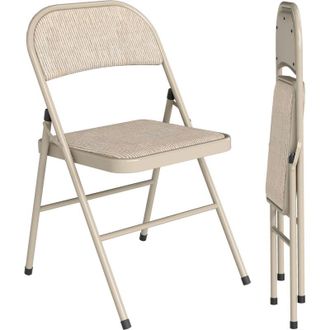 HOMCOM Lot de 2 chaises pliantes HOMCOM chaises de salle &agrave; manger portables avec coussin en lin et cadre en acier beige