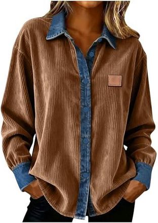 Generic Chemise en jean boutonn&eacute;e pour femme, col &agrave; revers vintage, patchwork en velours c&ocirc;tel&eacute;, chemise de printemps surdimensionn&eacute;e et l&eacute;g&egrave;re, veste en jean