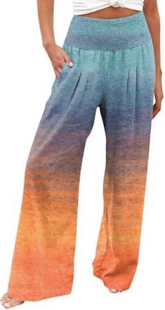 Generic Pantalon en coton et lin pour femme - Jambe large - Pantalon de plage d&eacute;t&eacute; pour femme - Confortable - Pantalon de yoga Palazzo XIYU26081, Orange, 3XL