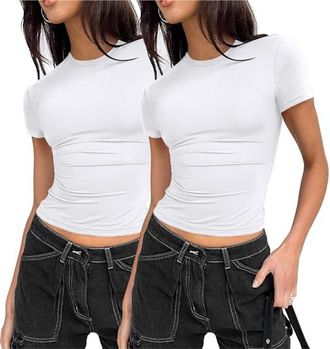 Zeagoo Lot de 2 Tee Shirt Femme Casual Slim Fit Manches Courtes Top Ete Doux et Confortables Uni Haut Col Rond Extensible T Shirts Blanc XS