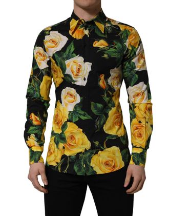 Dolce & Gabbana Mens Black Floral Stretch Cotton Sicilia Fit Dress Shirt Elastane