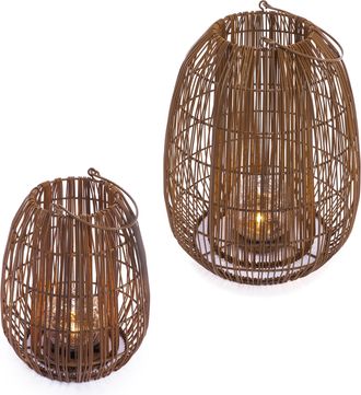 Esotec Solar Rattanleuchten Isabella, 2er Set, Crackle Bruchglas Kugel, Boho Windlichter für draußen, Polyrattan-Geflecht, Akku, Solarleuchte Rattan, wetterf