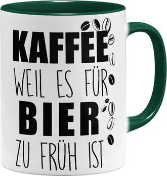 OM3 Kaffee weil es für Bier zu früh is Kaffee-Tasse mit Spruch - Statement Biertrinker - Keramik Becher - 325ml - Beidseitig Bedruckt - Grün