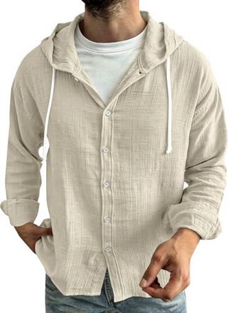 Generic Chemise &agrave; capuche en coton &agrave; manches longues pour homme - Couleur unie - Coupe d&eacute;contract&eacute;e - Cordon de serrage - Printemps et automne - Style d&eacute;contr
