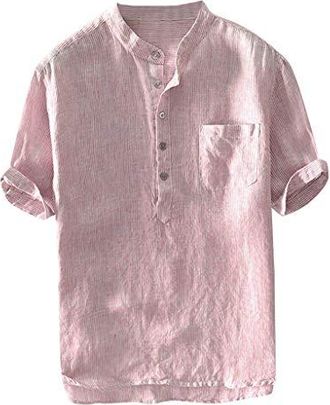 Generic Chemise en coton et lin pour homme, chemisier dentra&icirc;nement avec poche boutonn&eacute;e, hauts baggy pour hommes, t-shirts &agrave; manches en coton &agrave; rayures, chem