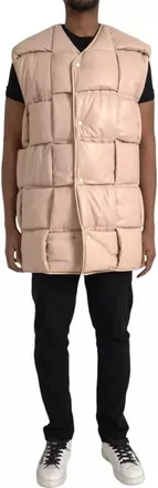 Bottega Veneta Mens Beige Quilted Sleeveless Calf Leather Jacket Clothing