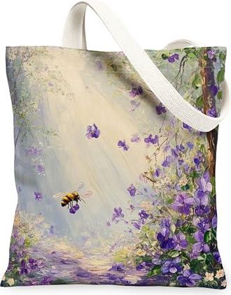Generic Sac fourre-tout en toile violet printanier pour le shopping, 33 x 38 cm, motif for&ecirc;t, fleurs, abeilles, sac d&eacute;picerie r&eacute;utilisable pour femme, peintur