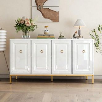 Generic Sideboard in Hochglanz mit Goldenen Griffen & Beinen | Modernes Aufbewahrungsmöbel mit Regalen | 140 x 80 x 40 cm (LxBxH)