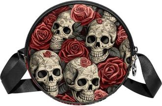 Generic Petit sac &agrave; bandouli&egrave;re circulaire pour femme, motif cr&acirc;nes roses, petit sac &agrave; dos &agrave; bandouli&egrave;re avec fermeture &eacute;clair, bretelles r&eacute;glables, sac &agrave; mai