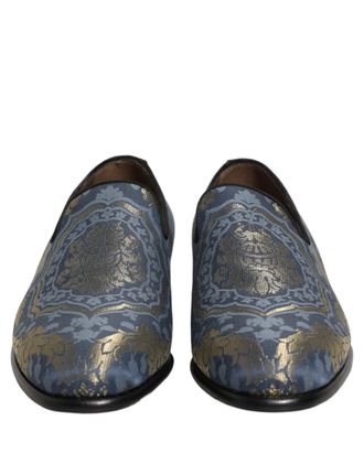 Dolce & Gabbana Mens Blue Floral Brocade Slip On Loafers Shoes Leather