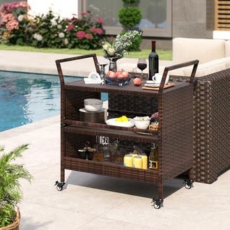 Giantex Chariot de service dext&eacute;rieur en rotin - Chariot de cuisine sur roues - Table de barbecue &agrave; 3 niveaux avec poign&eacute;es lat&eacute;rales - Table dappoint pour ba