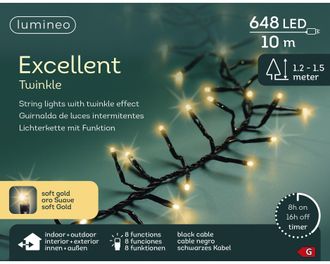 Lumineo EXCELLENT TWINKLE Lichterkette 648 LED 10 m Soft Gold - 8 Lichtfunktionen & Timer 8 h, IP44 wetterfest, 15 m Gesamtl&auml;nge inkl. 5 m Zuleitung, LED Weih