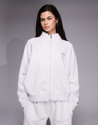 KAIIA Veste sweat densemble zipp&eacute;e en coton majoritaire &agrave; logo brod&eacute; - Gris chin&eacute; et rose pastel