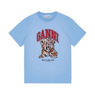 Ganni Basic Jersey Tiger Relaxed T-Shirt - - Tops - Damen - Blau - M