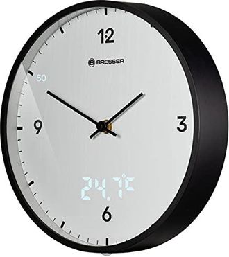 Bresser MyTime Wanduhr mit Funk ohne Tickger&auml;usche mit 24 cm gro&szlig;em Ziffernblatt, LED Sekundenanzeige, Innentemperatur und ger&auml;uschlosem Funkuhrwerk, wei&szlig;