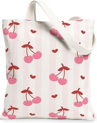 Generic Sacs fourre-tout en toile ray&eacute;e motif cerises, adorables motifs de fruits, sacs d&eacute;picerie r&eacute;utilisables, l&eacute;gers et lavables avec bandouli&egrave;re d&eacute;t&eacute;, p&ecirc;c