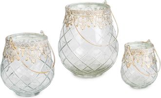 La Vida Windlicht Teelichthalter Kerzenglas Metalldekor m. Henkel Glas Vintage (Windlicht gro&szlig;: D16x16x H18,5cm)