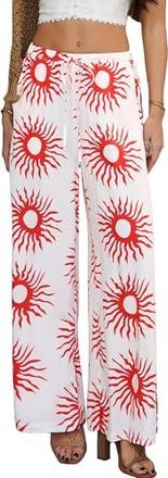 Feoya 2025 Pantalon Bohème Femme Ete Pantalon Palazzo Chic Taille élastique Motif Hippie Maison XL