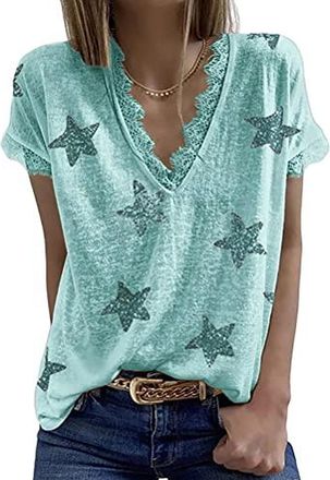 Onsoyours T-Shirts Femme Été Col en V Solide Manches Courtes Dentelle Patchwork Chemisier Casual Lâche Tee Shirt Tunique Chic Haut D Vert L