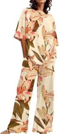 Generic Tenue D Int&eacute;rieur Femme Combinaison Hiver Femme Tenues D &Eacute;t&eacute; pour Femmes Ensemble 2 Coton Et Lin T-Shirt Surdimensionn&eacute; Pantalon &agrave; Jambe Droite Ensemb