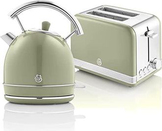 SWAN Retro Set Frühstückswasserkocher 1,8L Kabelloser Wasserkocher mit Edelstahl-Heizelement, 2 Scheiben Breitschlitz-Brottoaster, 6-Stufiger Toastregler, 