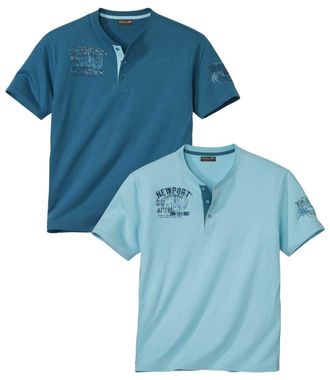 Atlasformen 2er Pack Herren T-Shirt mit beknöpftem V-Ausschnitt aus Baumwolle - Sommer Tshirt für Männer mit exklusivem Druck - In großen Größen erhältlich