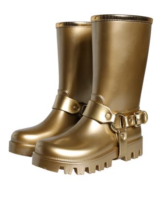 Dolce & Gabbana Womens Metallic Gold Rubber Pvc Rain Boots Shoes Pu Polyester