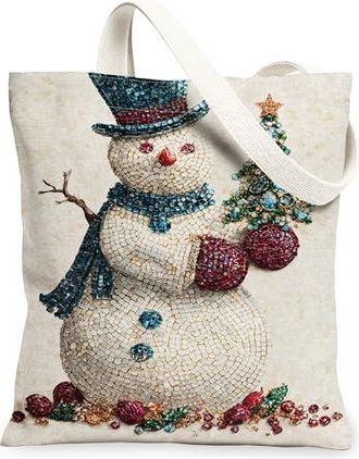 Generic Sacs fourre-tout en toile motif bonhomme de neige de No&euml;l, sacs d&eacute;picerie r&eacute;utilisables, vintage, l&eacute;gers, lavables, blanc, 13x15 Inch