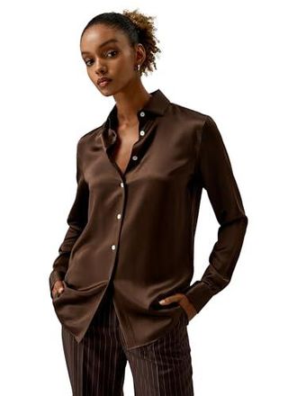 LilySilk Chemise en Soie Pure pour Femme, Blouse de Style Classique avec col &eacute;cart&eacute; et Bouton en Coquillage pour Un Look d&eacute;contract&eacute; et Professionnel XL, Choco