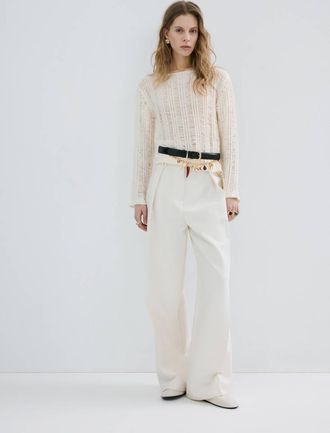 Mango Pull maille ajour&eacute;e effiloch&eacute;e &eacute;cru - Femme - S - MANGO