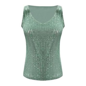 Generic Top femme sequins argent&eacute;s d&eacute;bardeur d&eacute;contract&eacute; col en V uni d&eacute;bardeur d&eacute;t&eacute; &agrave; paillettes tendance polyvalent d&eacute;bardeur basique large pour f&ecirc;te, vert,