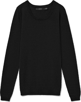 Vero Moda Eleganter Feinstrick Pullover Strukturmuster Rundhals Longsleeve VMCARE Sweater, Farben:Schwarz, Größe:XXL
