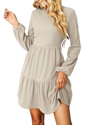 Cupshe Damen Kleid Rundhals Langarm Volantsaum A Linien Herbst Winter Rippstruktur Kurze Minikleid Freizeitkleider Tiered Mini Dress Beige XL