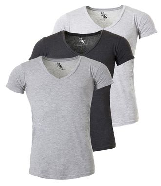 Young & Rich Herren Uni T-Shirt mit extra tiefem V-Ausschnitt Slimfit Stretch Dehnbare Passform einfarbiges Basic Shirt - 3er Pack, Gr&ouml;sse:3XL, Farbe:Grau/Dunkelgr