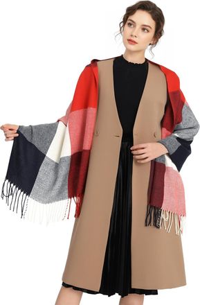 Miss Lulu Winter Schal Damen Oversized - kuschelig warmer karierter Wollschal mit langen Fransen, Weihnachtsschal f&uuml;r Frauen, Mama & Freundin oder f&uuml;r Alltag (R