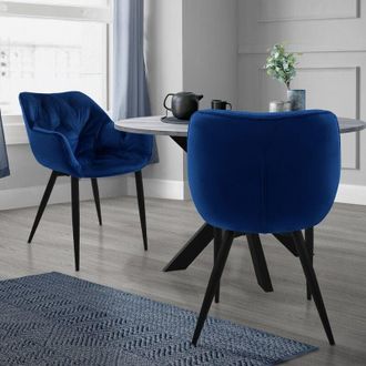 ML Design Set de 2 Chaises de Salle à Manger, Bleu Foncé, Assise Rembourrée en Velours, Pieds Métalliques Noir, avec Dossier et Accoudoirs Ergonomiques