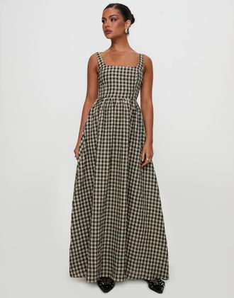 Princess Polly Cartmel - Maxikleid aus Seersucker in Schwarz und Beige kariert mit eckigem Ausschnitt