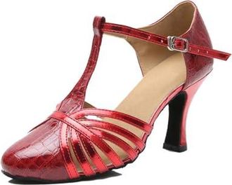 MGM-Joymod Escarpins à lanières en T pour femme - Chaussures de danse latine modernes - Pour bal de fin dannée, mariage, fête, Yw089 Rouge Talon 8 cm, 40.5 EU