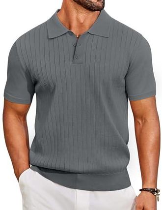 Coofandy Polo Homme &Eacute;t&eacute; Tricot&eacute; Manches Courtes T-Shirt Golf Stretch Slim Fit D&eacute;contract&eacute; Gris Fonc&eacute; L