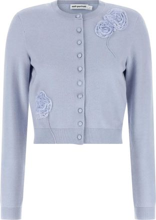 Self Portrait Femme, Pulls, Bleu, Taille: 42 FR Cardigan Tricot Fleurs Bleues