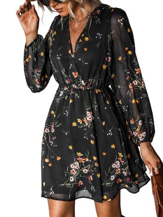 Cupshe Damen Kleid V Ausschnitt Wickeloptik Transparente Lange Ärmel Freizeitkleider Wrap Mini Dress