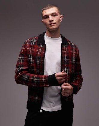 AllSaints Nettle - Karierte Strickjacke in Schwarz und Rot